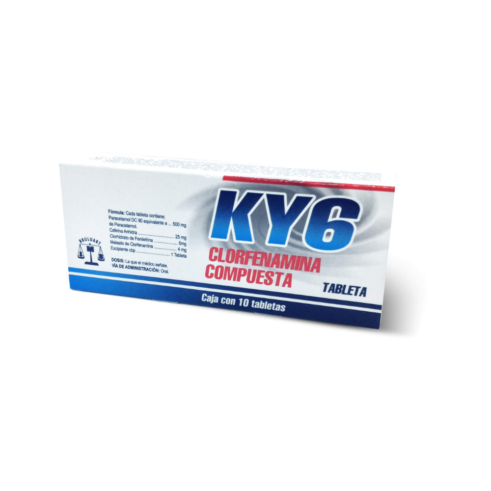 KY6 CAFEINA 25 MG/ CLORFENAMINA 4 MG/ FENILEFRINA 5 MG/ PARACETAMOL 500 MG C/10 TAB. – GRSDeteccion